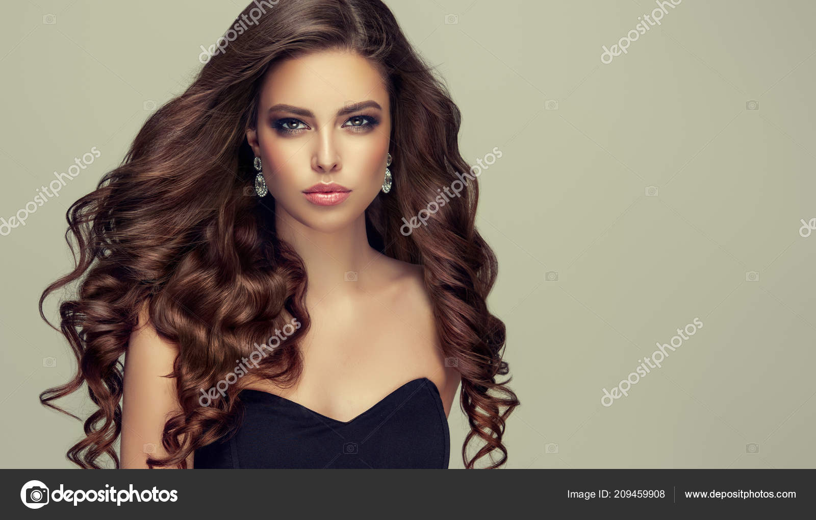 Brunette Woman Long Healthy Shiny Curly Hair Beautiful Model Girl Stock