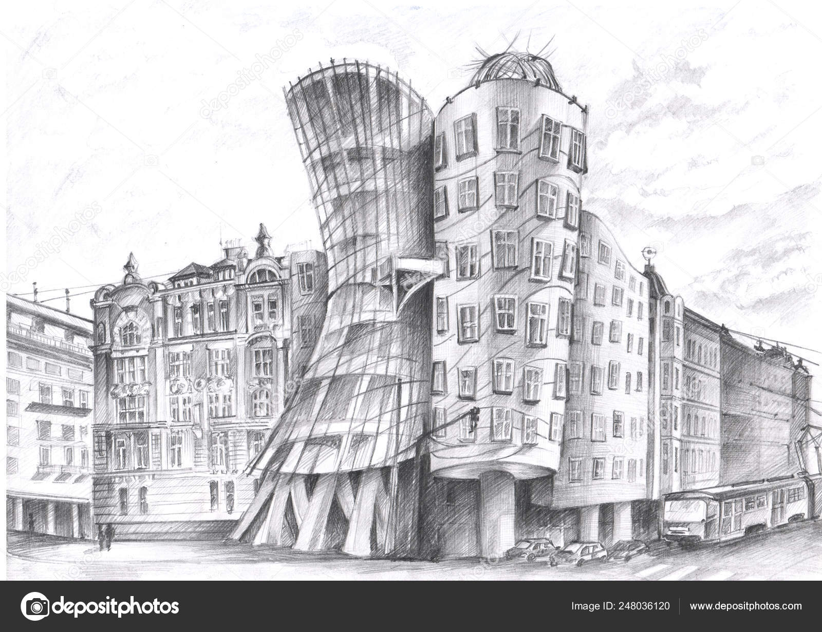 Praha krajina kreslené tužkou. Památky Prahy Stock Ilustrace od ...