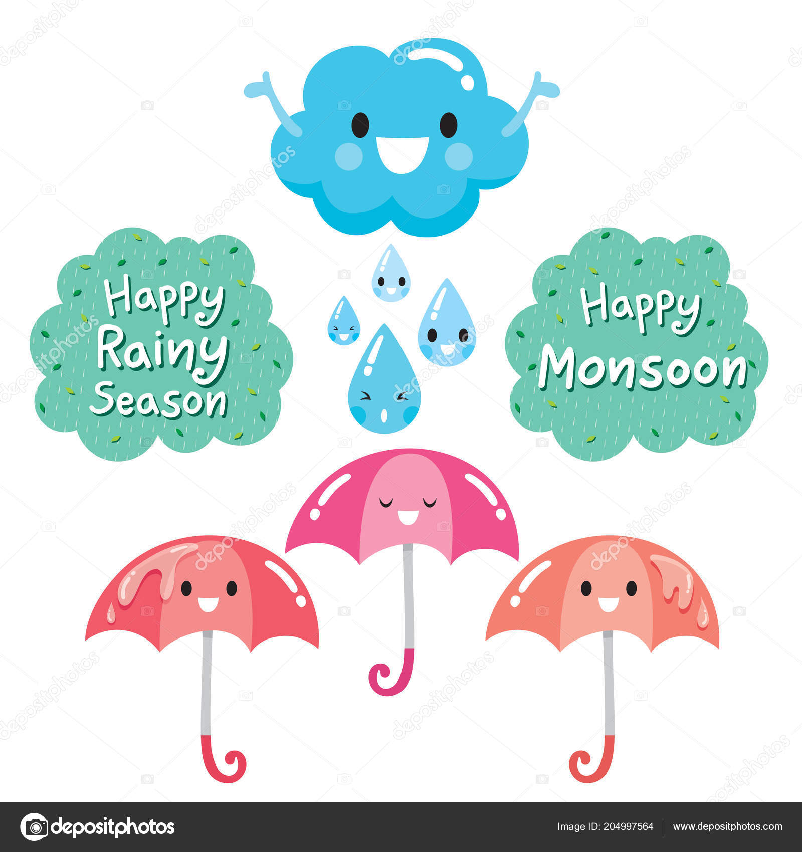 Cartoon Character Cloud Umbrella Raindrop Monsoon Rainy Day Season ...