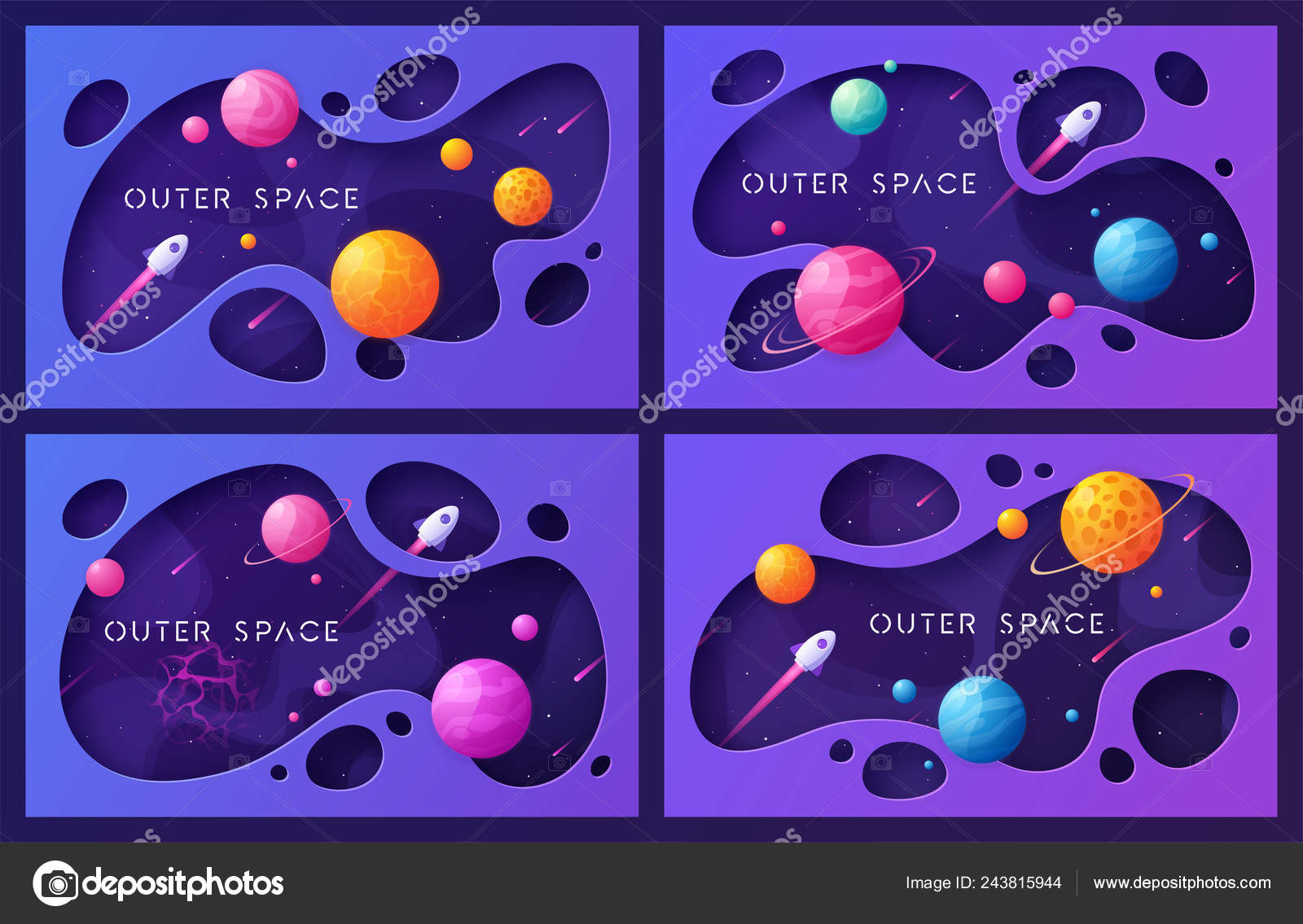 Set of colorful cartoon outer space backgrounds, designs, banners ...