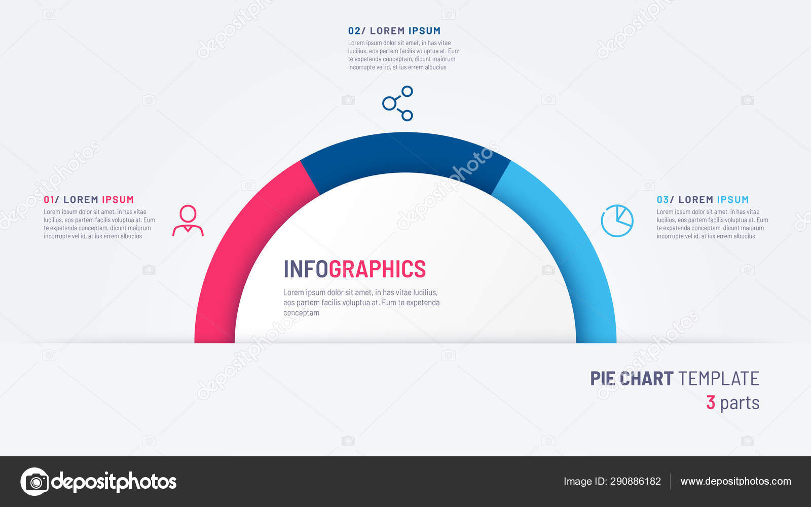 Vector pie chart infographic template in the form of semicircle divided ...