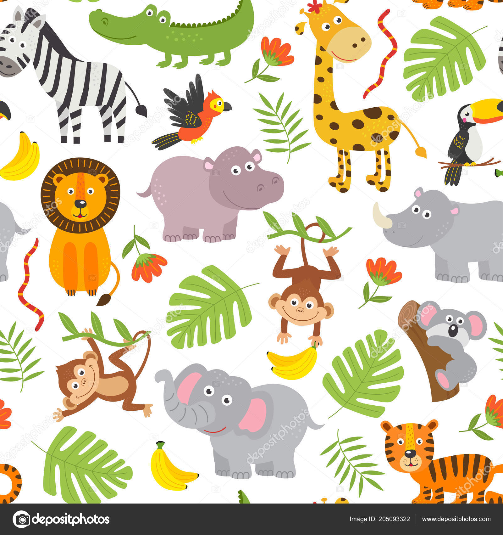 Seamless Pattern Jungle Animals White Background Vector Illustration ...