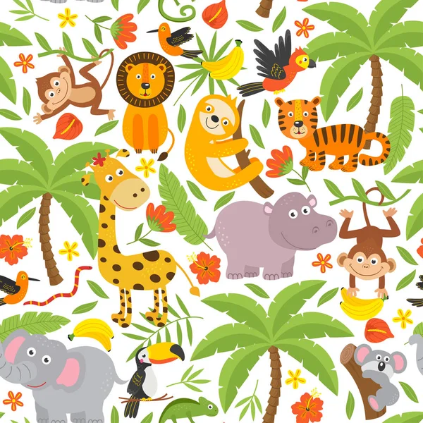 Cute Jungle Animals Palm Leaf Seamless Pattern Background Pattern ...