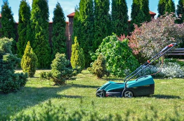 Gardening concept. Lawn mower in small garden with freshly cut green ...