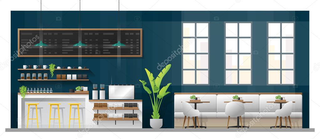 Escena interior de la cafeter a moderna con barra de mostrador, mesas y sillas, vector ...