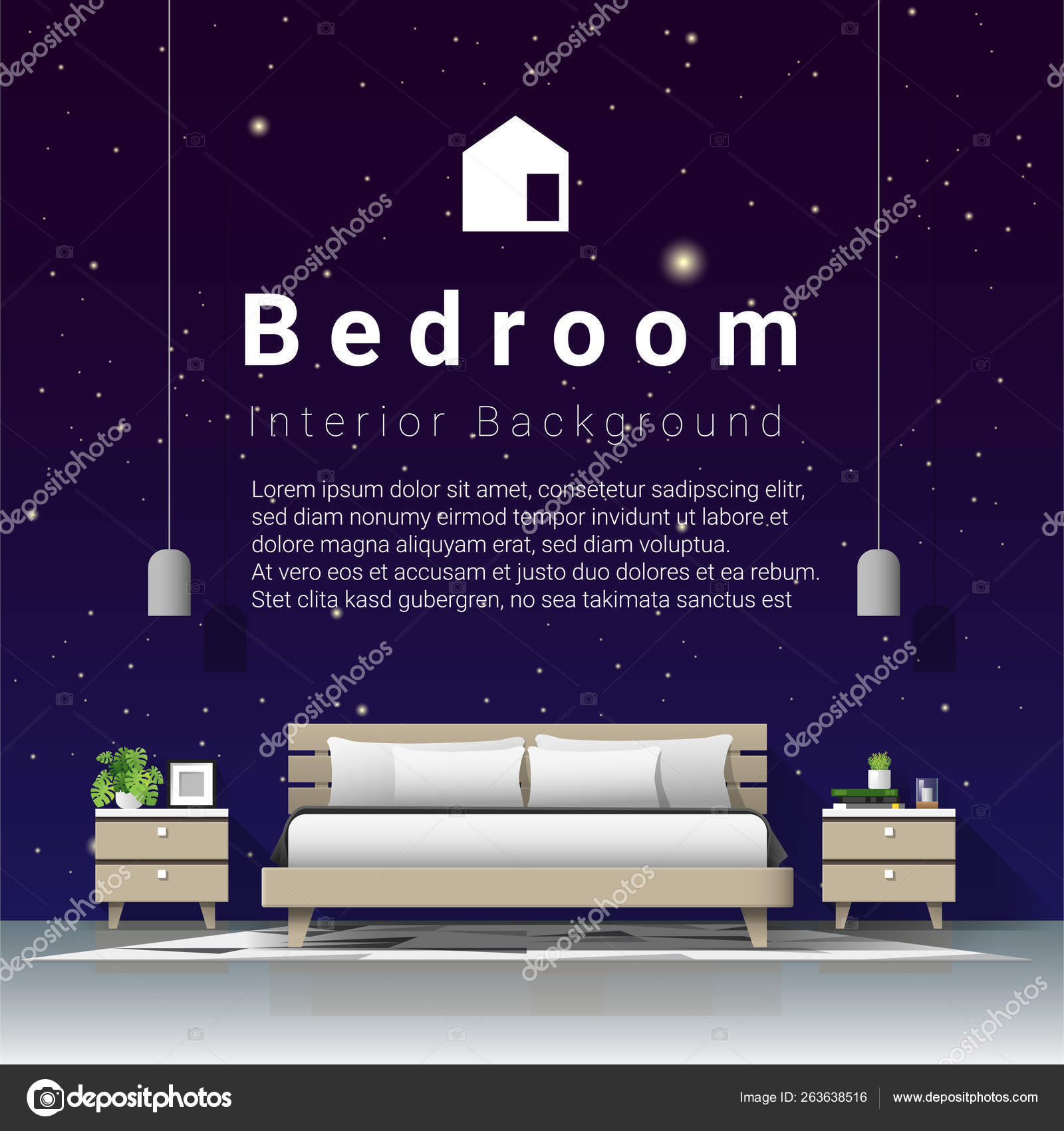 Modern Bedroom Night Sky Wallpaper Background Vector Illustration Stock ...