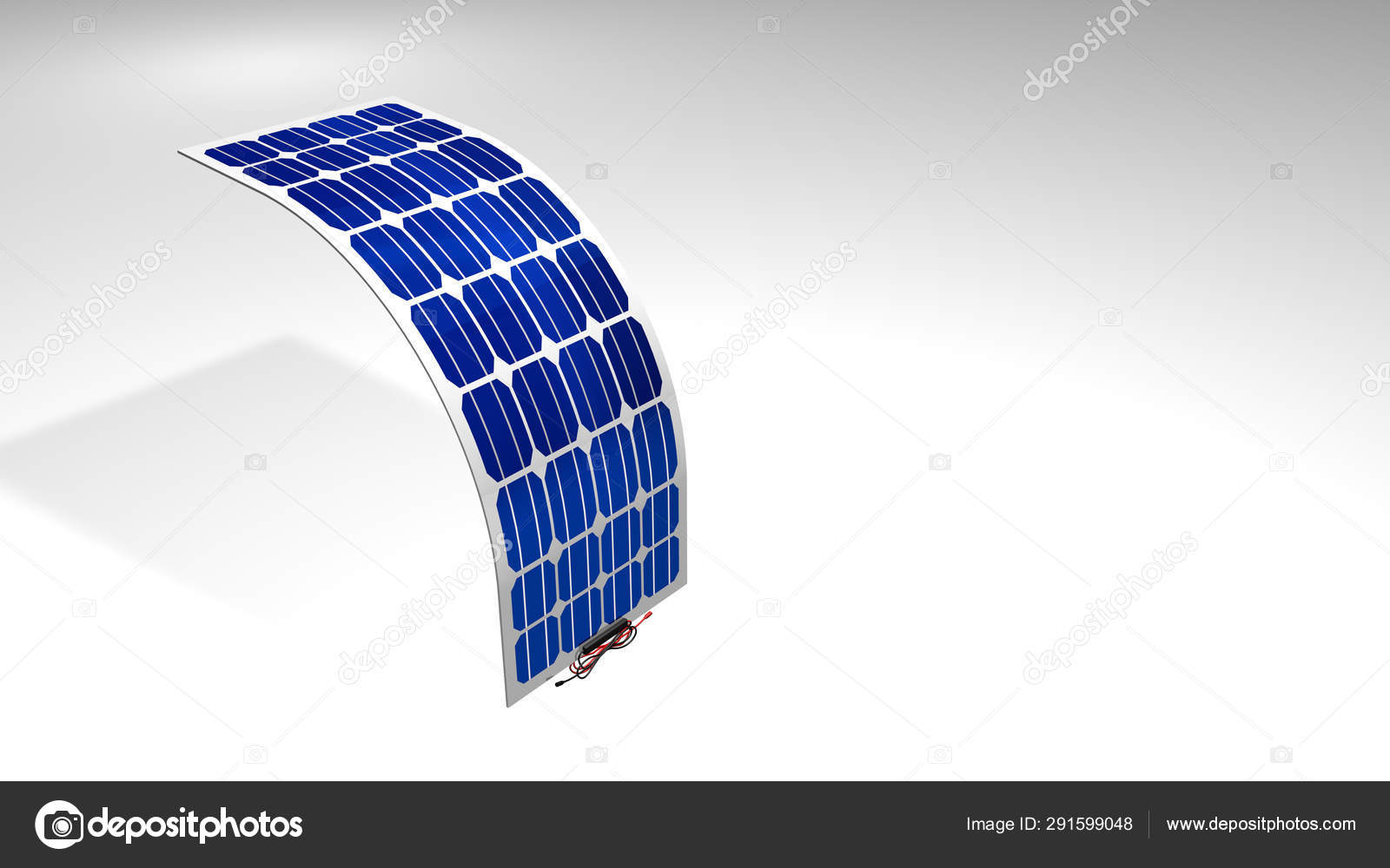 3D model of a flexible solar panel with black and red connection cables ...