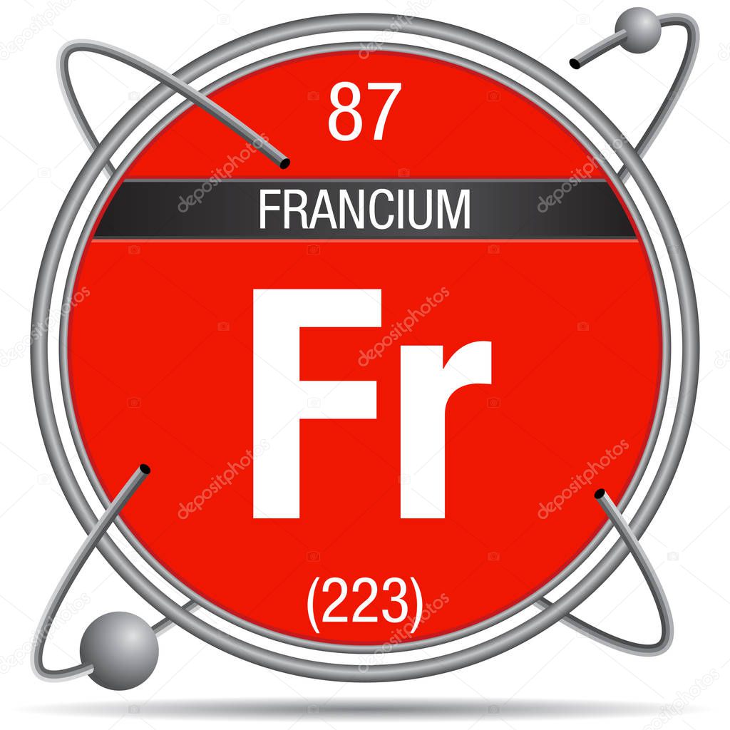 Símbolo Francium dentro de un anillo de metal con fondo de color y ...