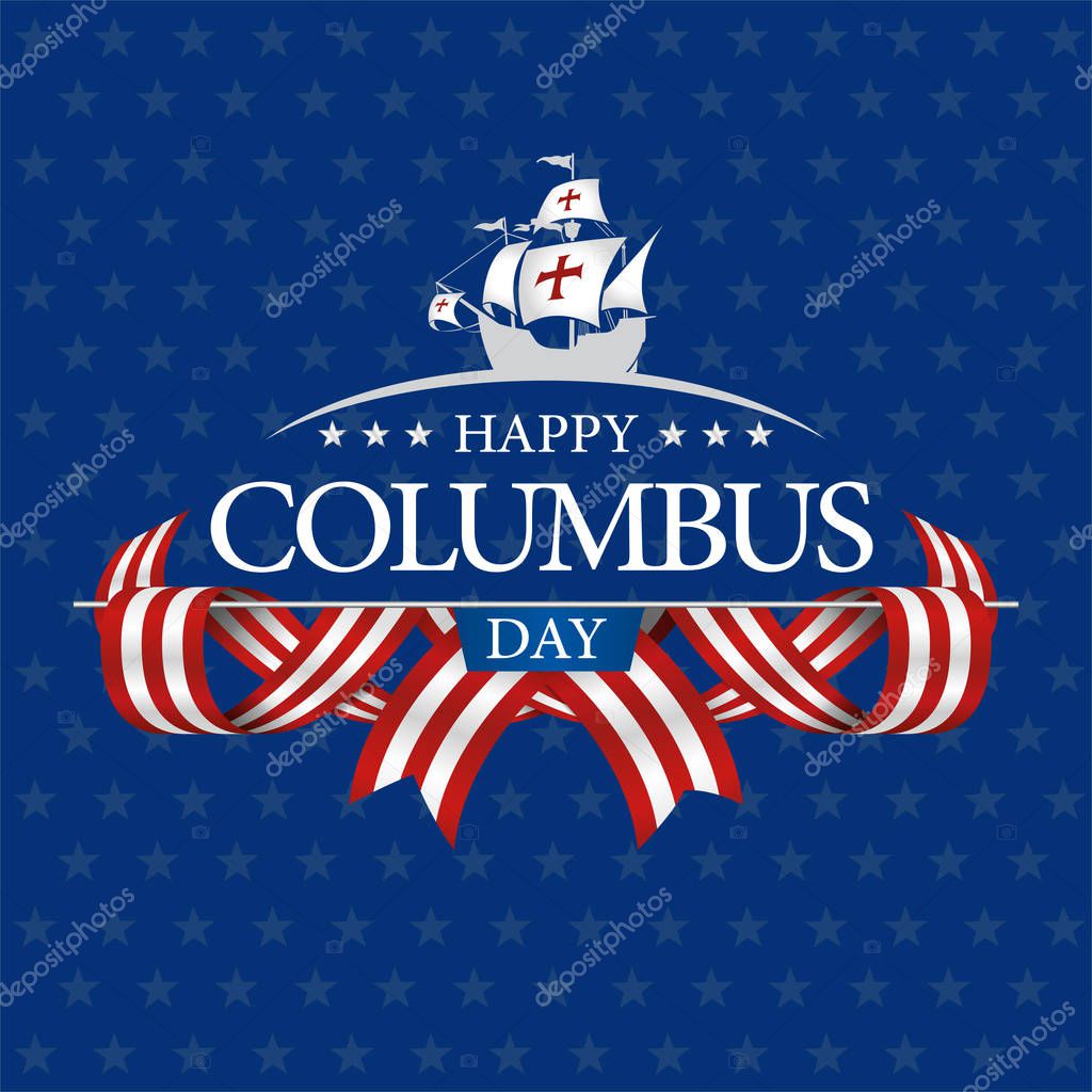 FELIZ DÍA DE COLUMBUS Tarjeta de felicitación. Silueta blanca de la ...