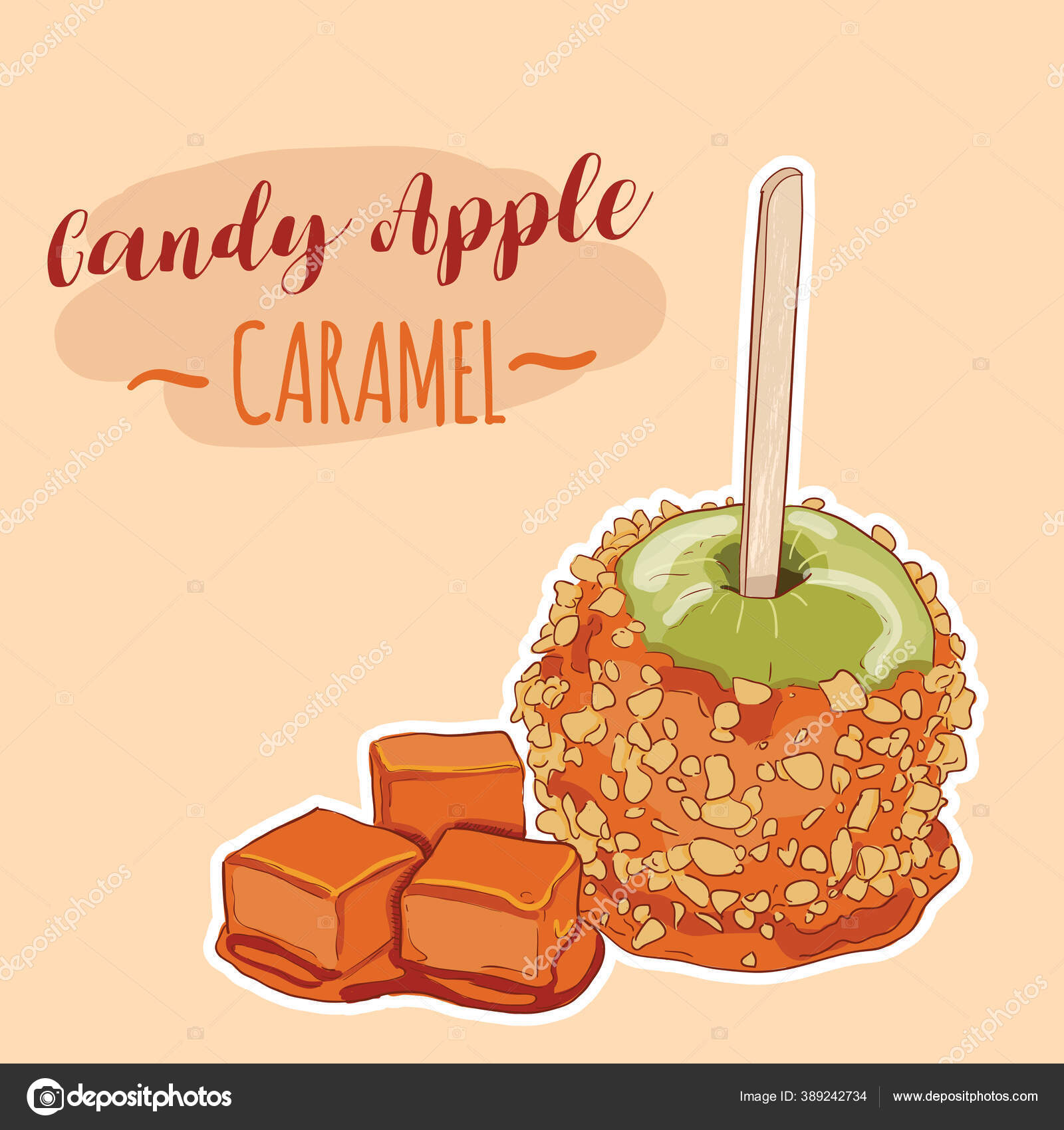 Hand Drawn Full Color Colorful Candy Green Apple Caramel Toffee Stock ...