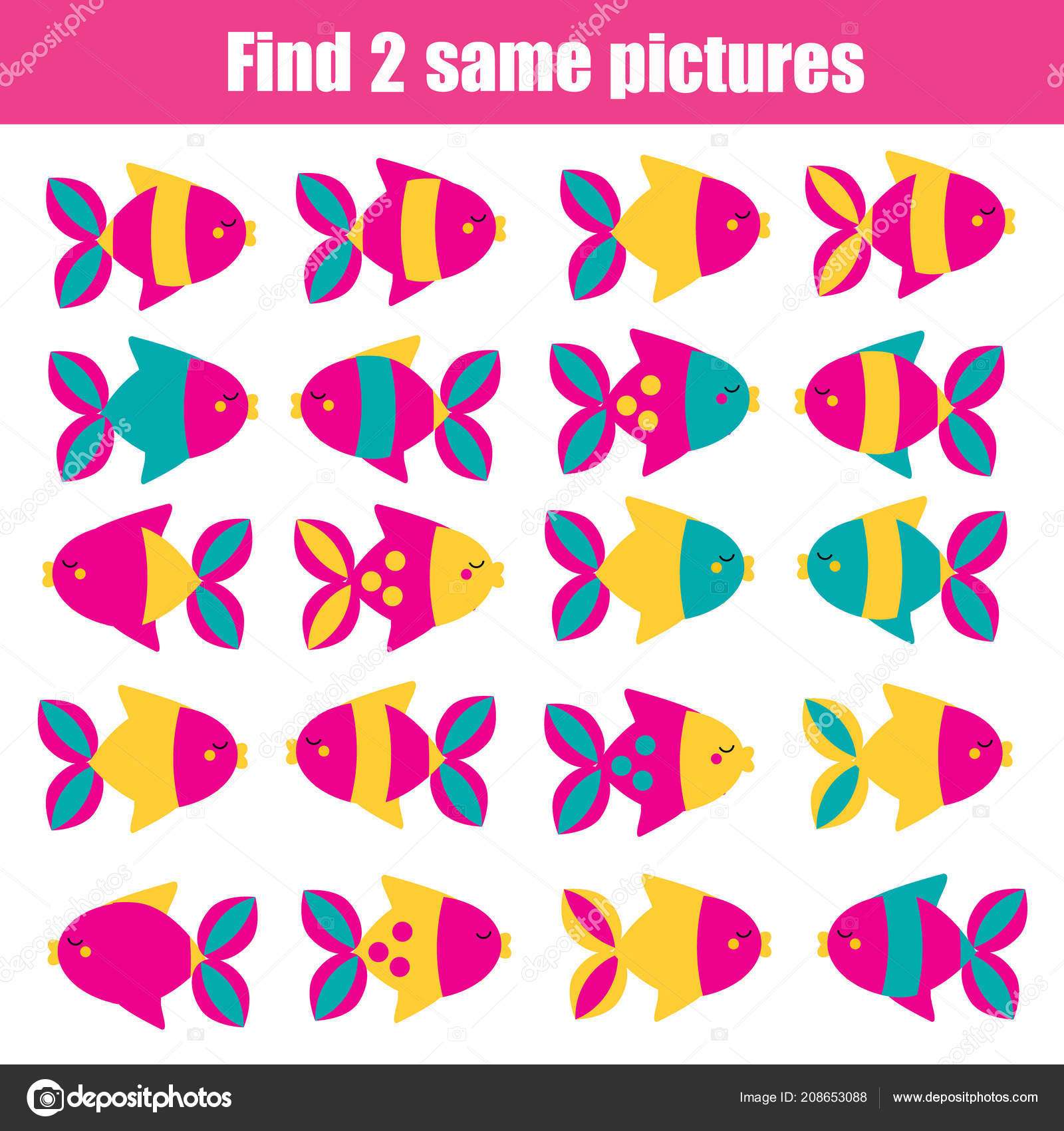 Find Same Pictures Children Educational Game Find Two Identical Fishes ...