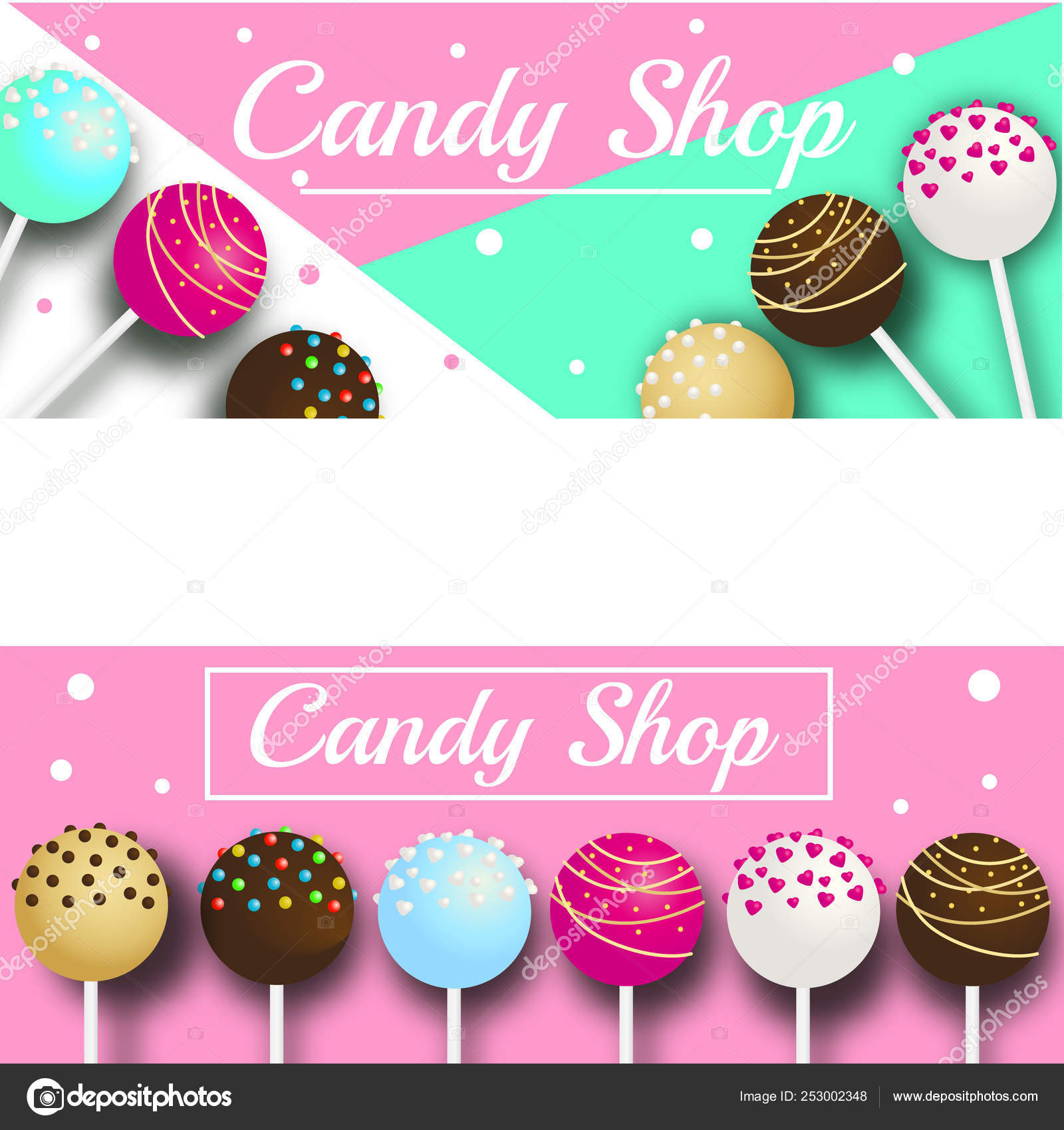 Candy shop banner with cake pops. Vector illustration in realistic ...