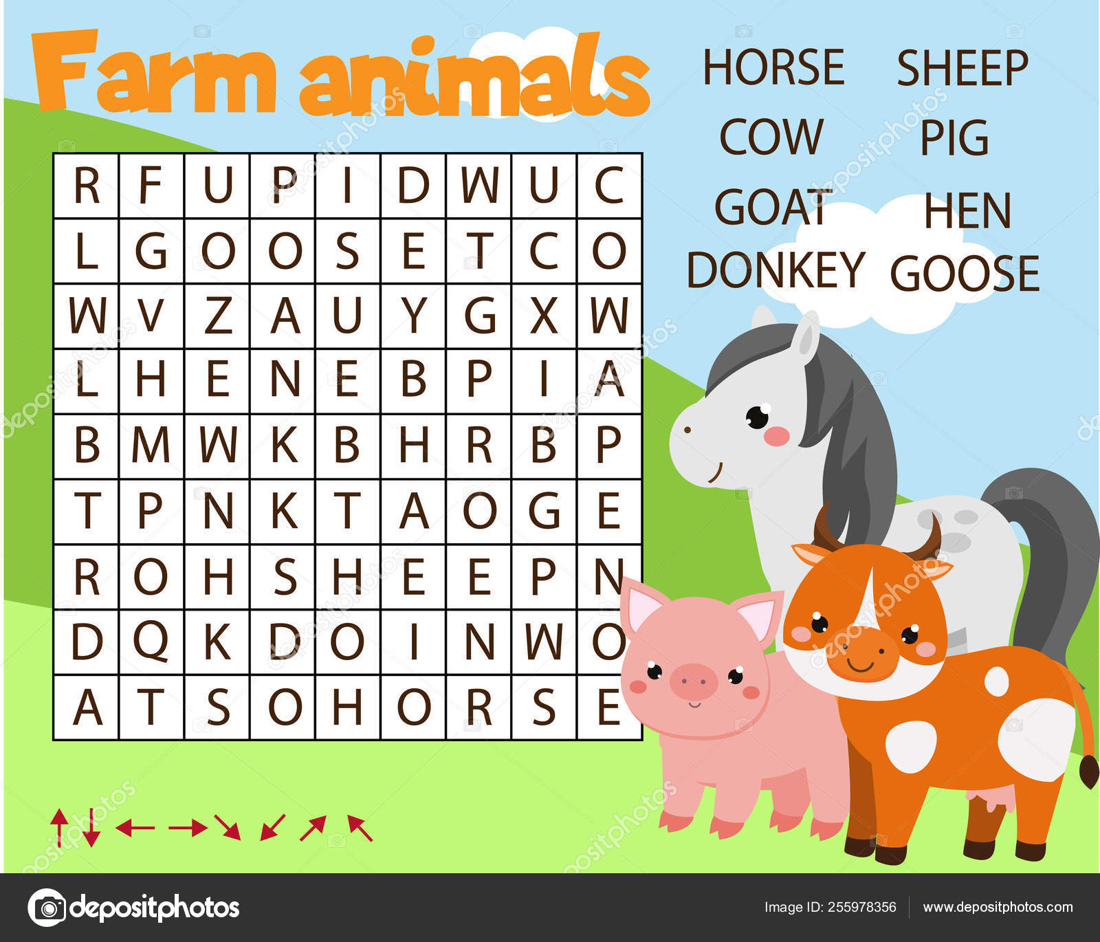 Educational game for children. Word search puzzle kids activity. Farm ...