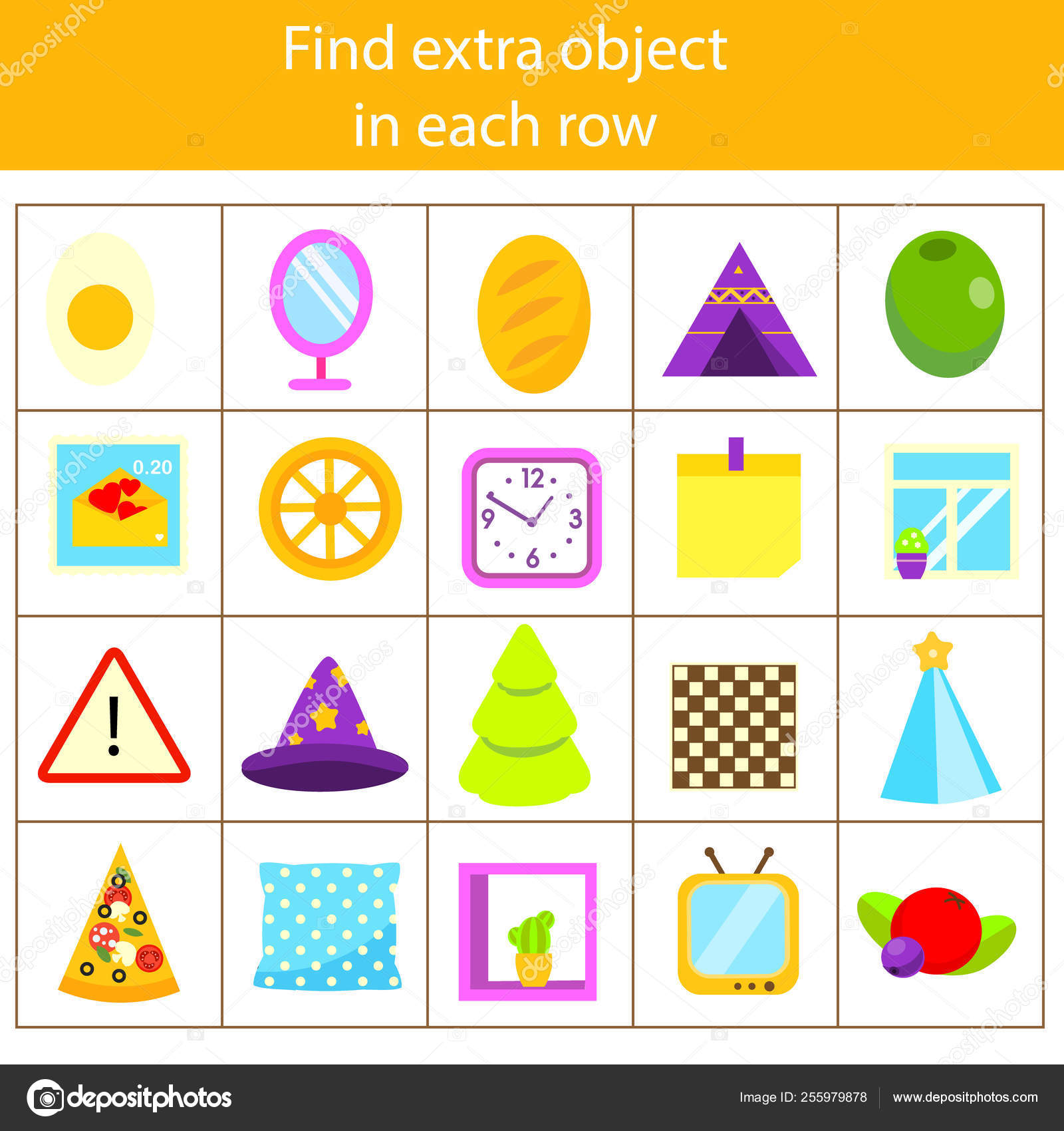 Educational children game. Logic game. What does not fit type. Find odd ...