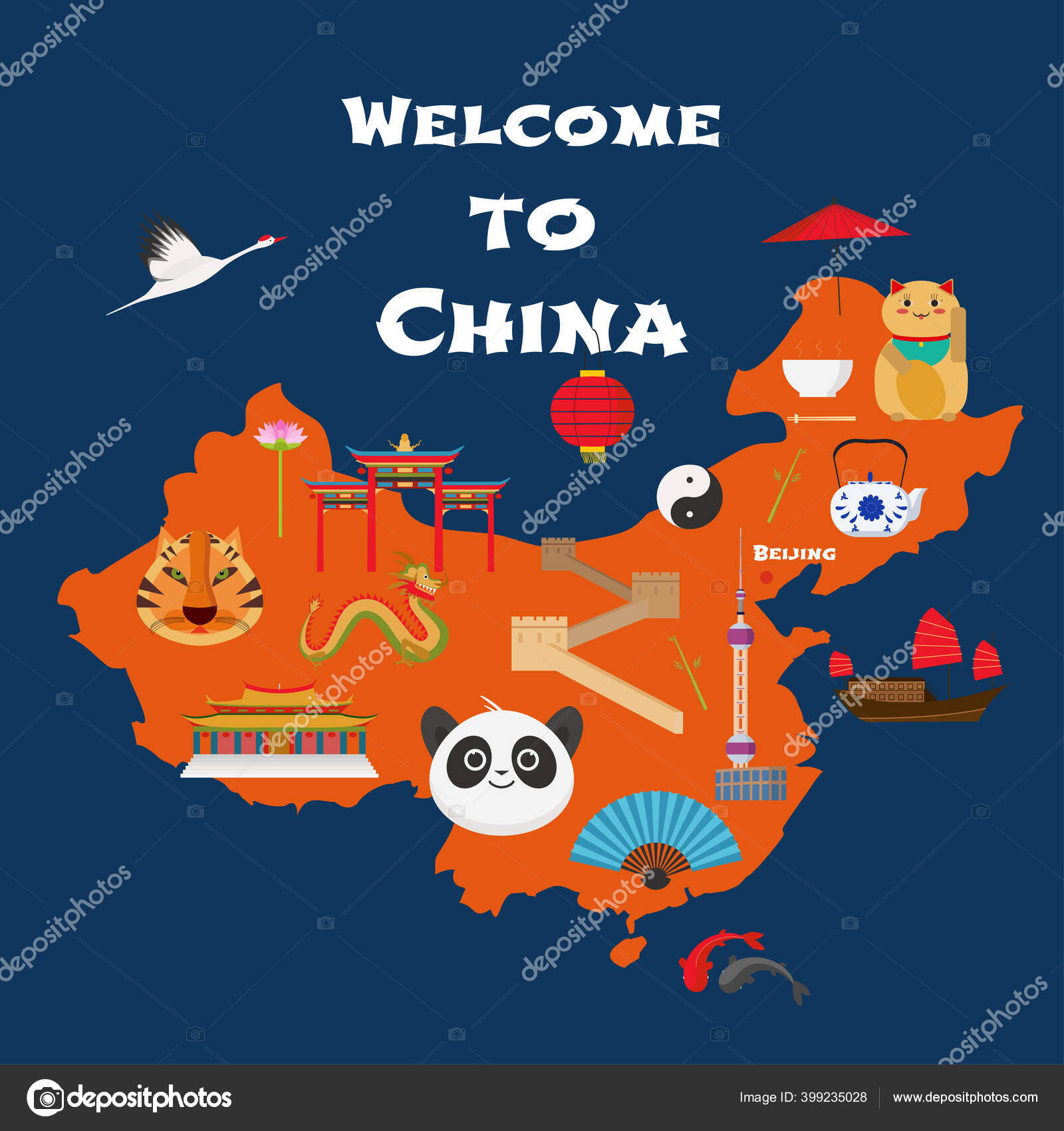 中国地图矢量图解 带有中国地标 庙宇的图标 探索中国的概念形象 — 图库矢量图像© DarthVector #399235028