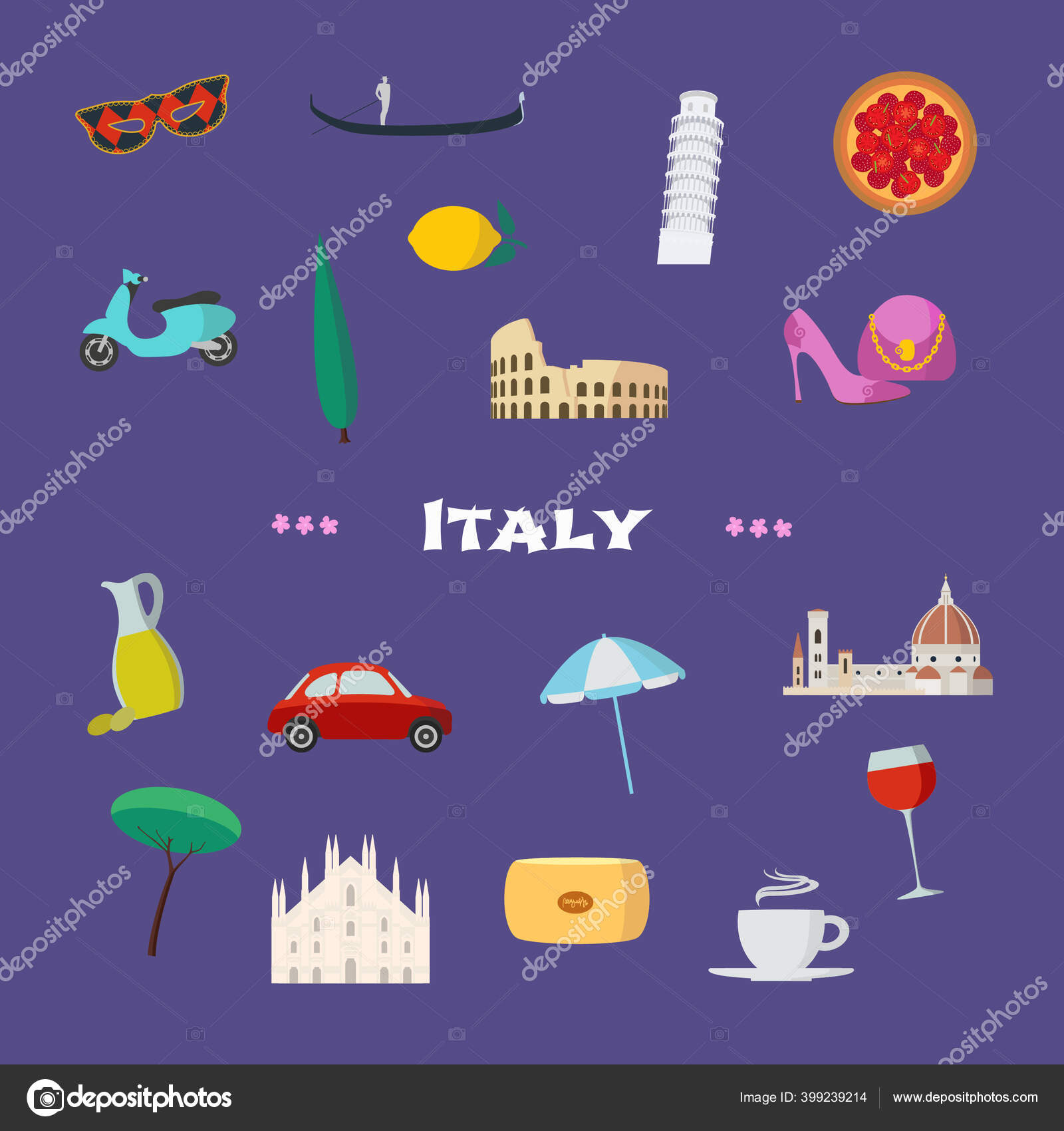 Italy Vector Illustration Italian Symbols Visit Italy Concept Design ...
