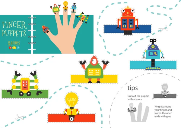 Finger Puppet Vector Robots Cut Glue Simple Educational Worksheet ...