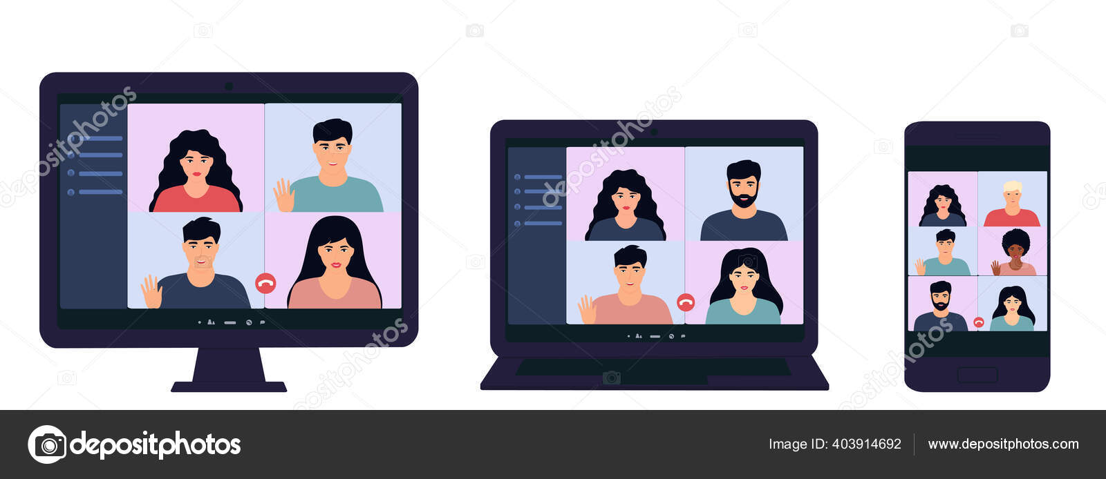 Group Conference Video Call Computer Laptop Smartphone Team Meeting ...