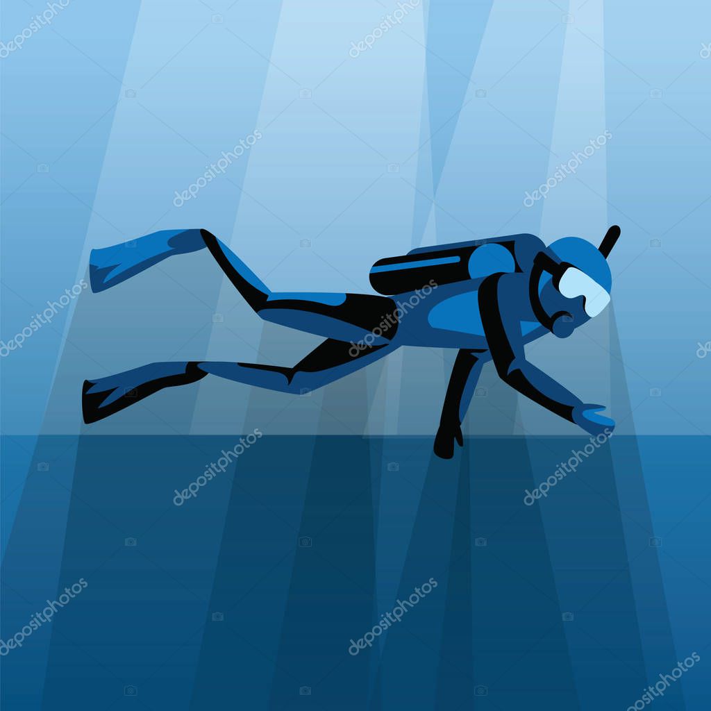 Buceador buceo bajo el agua en azul mar vector ilustración. Buceo en el ...