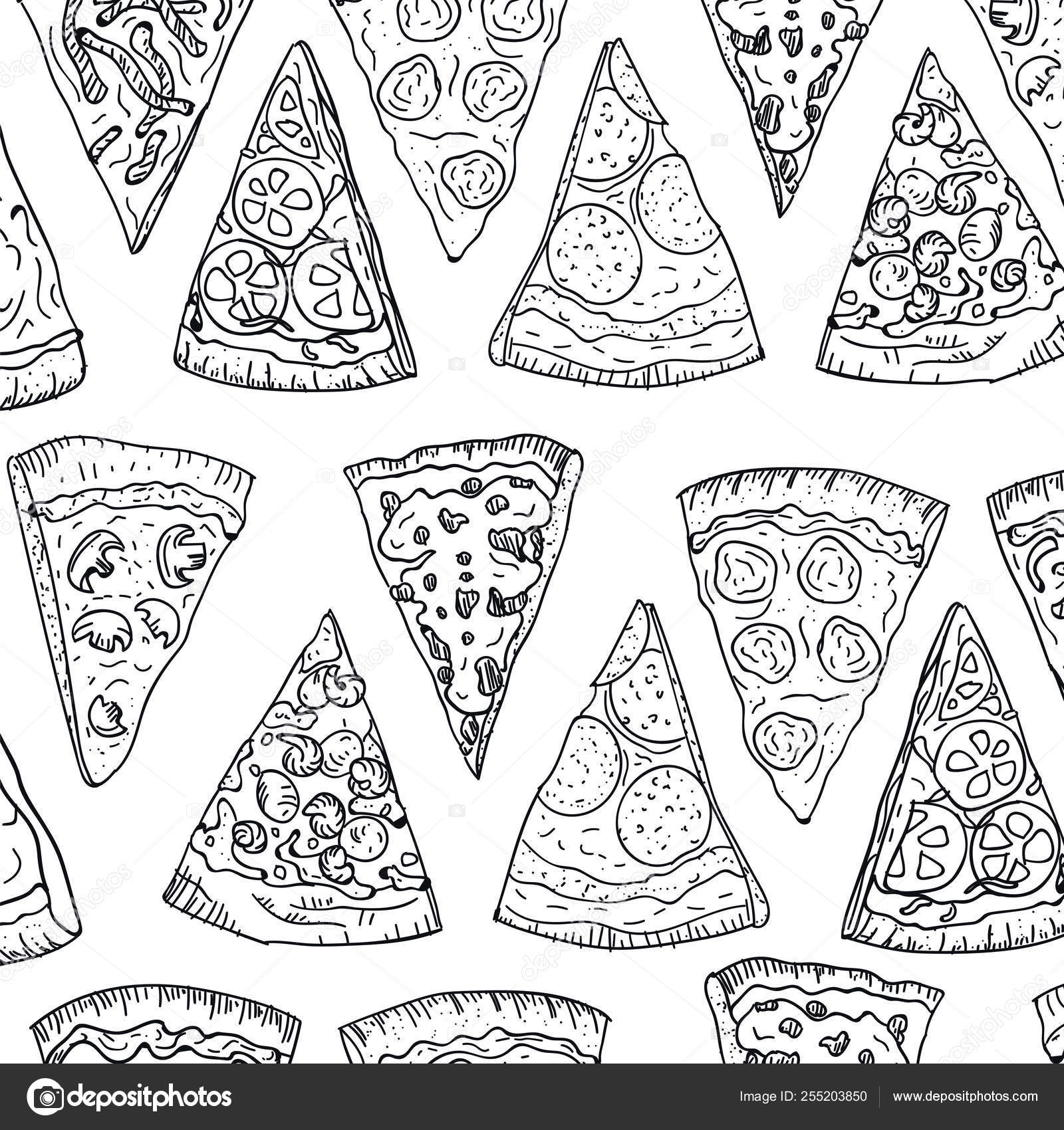 Pattern pizza slices hand drawing in doodle style isolated on white ...