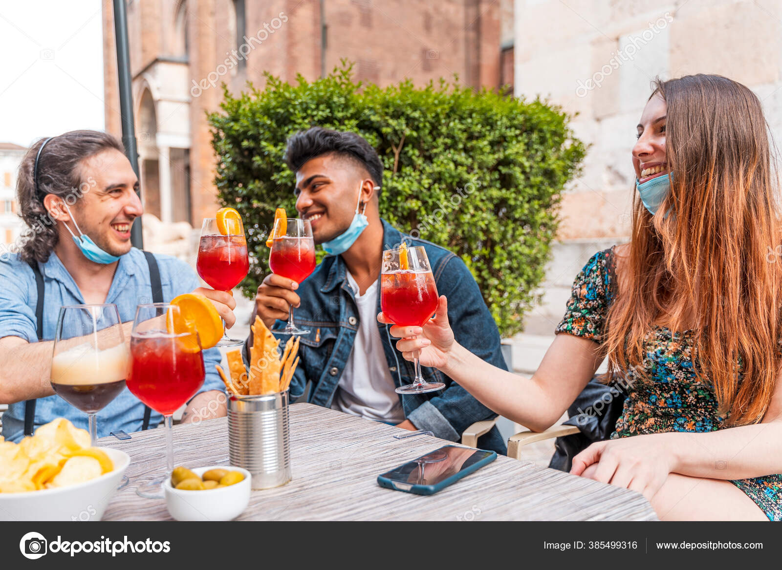 Friends Drinking Colored Cocktail Outdoor Bar Face Masks New Normal ...