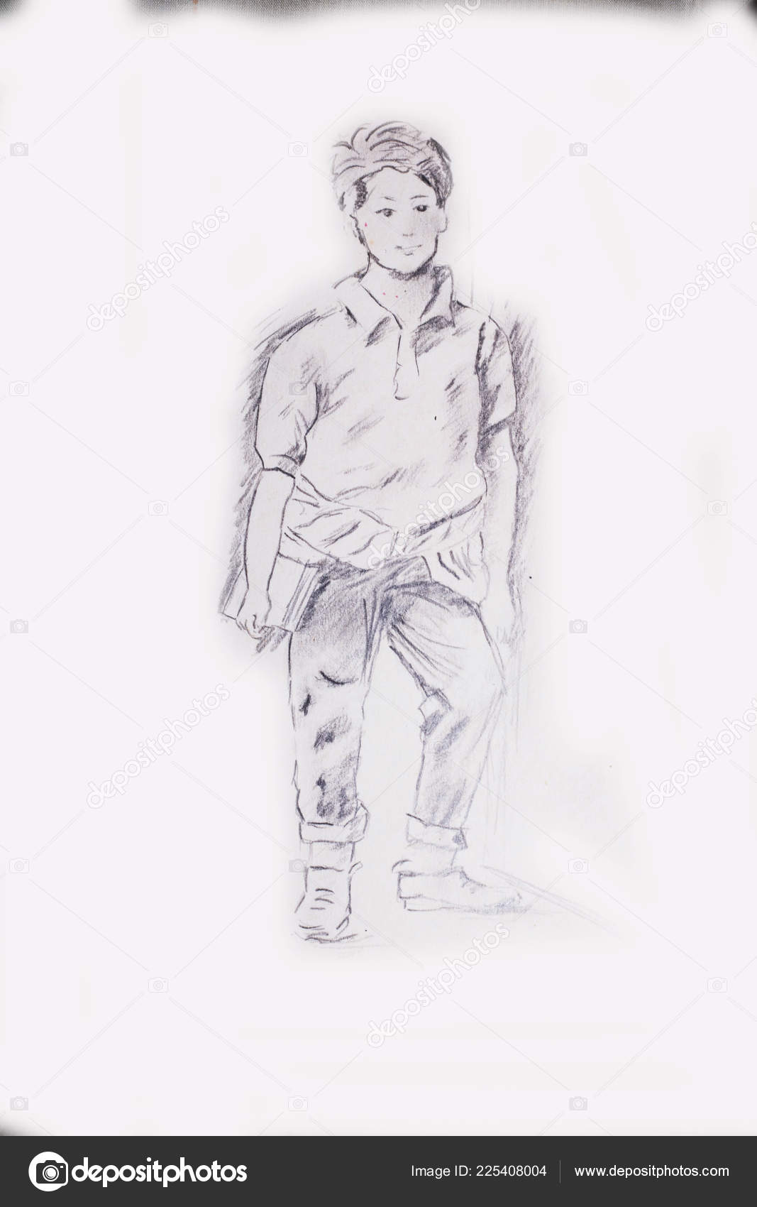 Hand Drawn Pencil Drawing Young Student Boy Standing Next Wall Stock ...