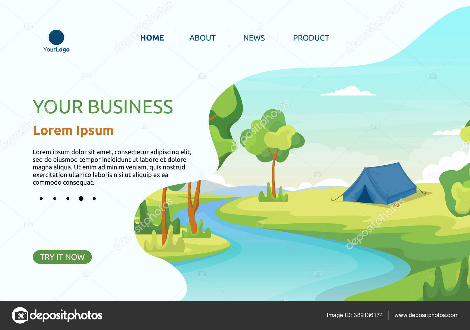 Camping Adventure River Nature Landscape Cartoon Landing Page Web ...