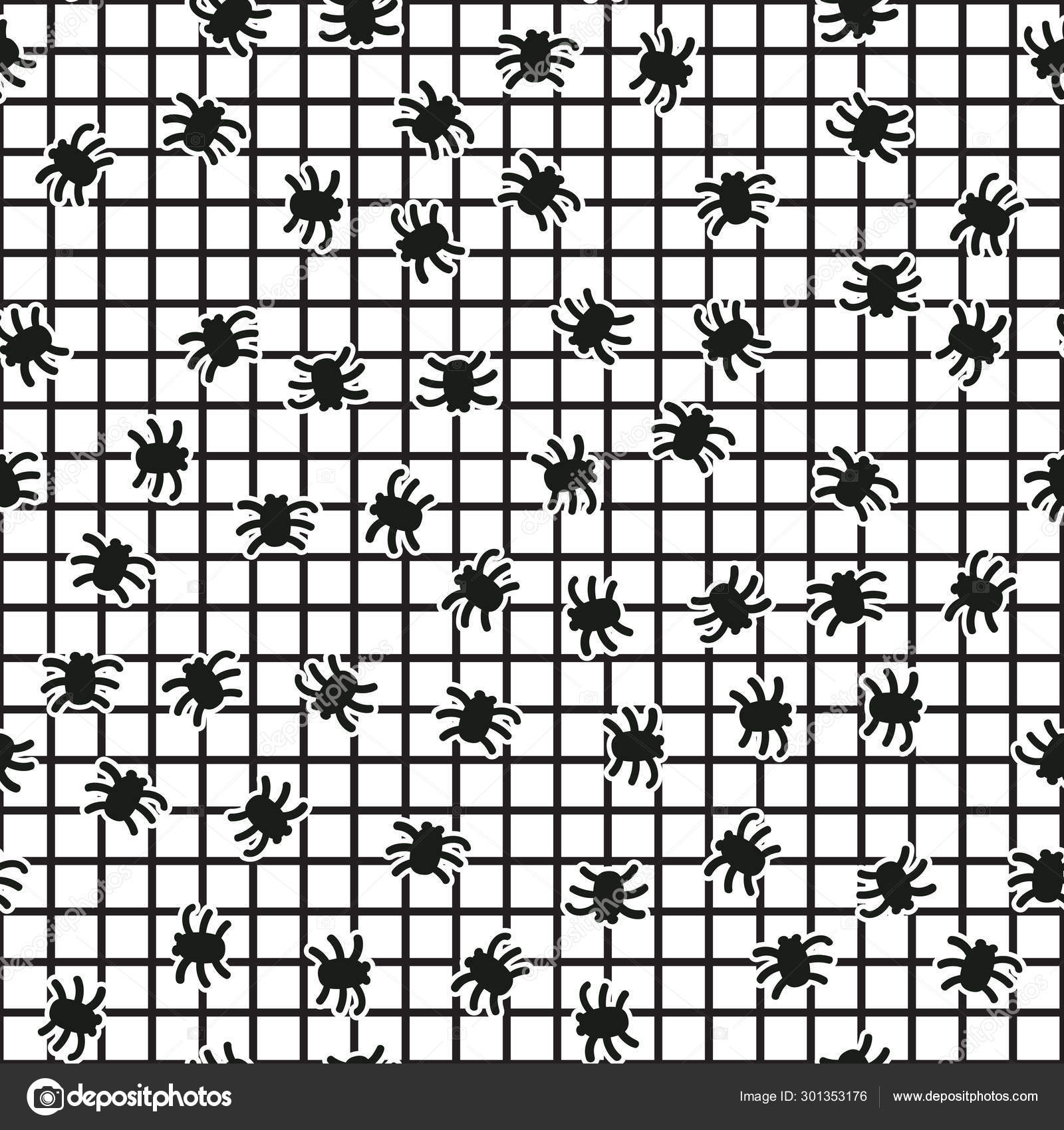 Vector Spiders seamless pattern for Halloween surface decor. Grid black ...