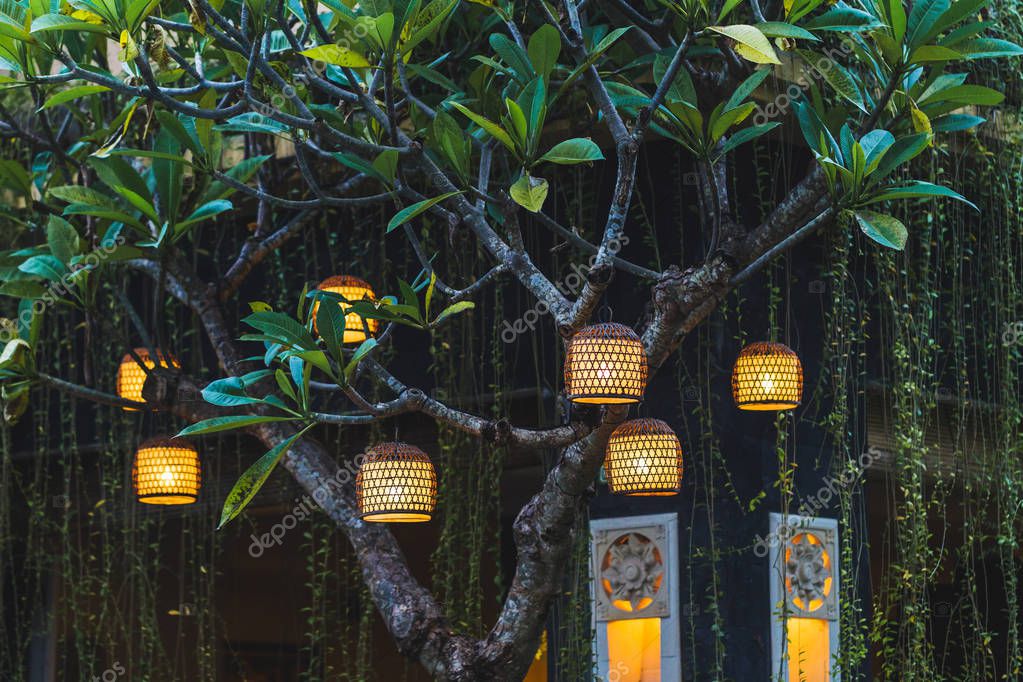 Hahd hizo lámparas de mimbre colgando afuera en el jardín en el árbol. 2025