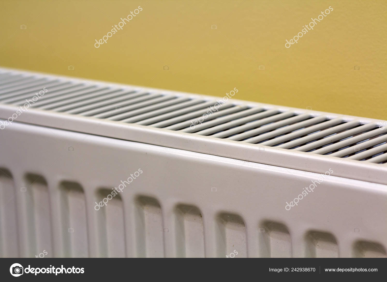 Close White Heating Radiator Detail Light Yellow Wall Copy Space ...
