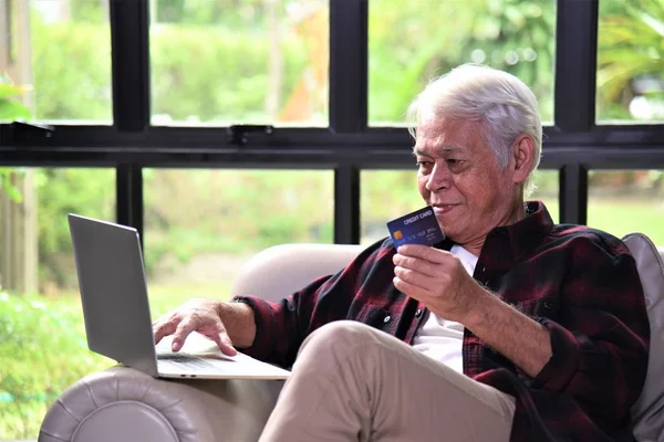 old man sitting in comfortable chair working with laptop computer ...