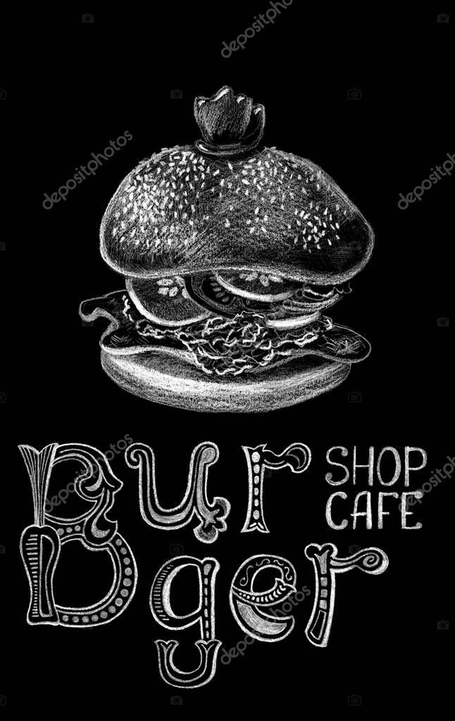 Hamburguesa y letras por tiza sobre fondo negro. Tiza de hamburguesa ...