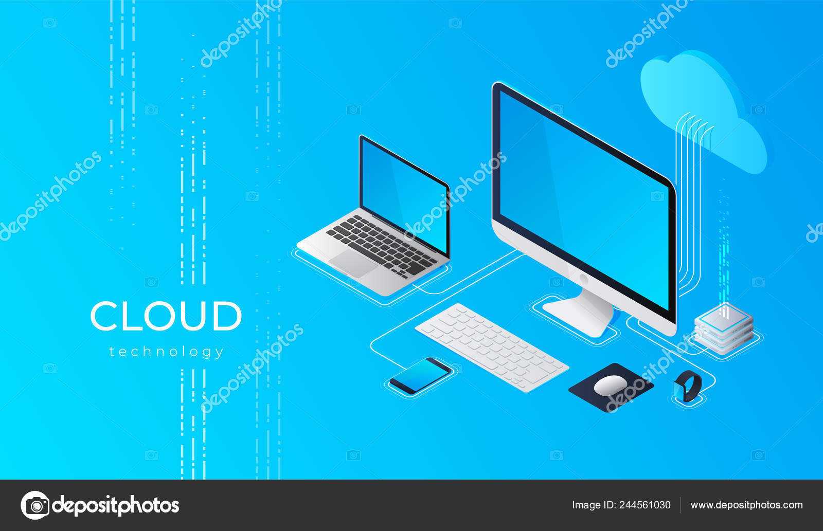 Cloud computing technology users network configuration isometric advertisement poster with pc ...