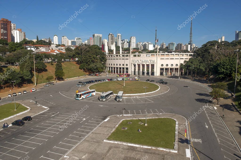 Sao Paulo, Brasil, 12 de julio de 2019. Vista aérea hecha de dron del Estadio Municipal Paulo ...