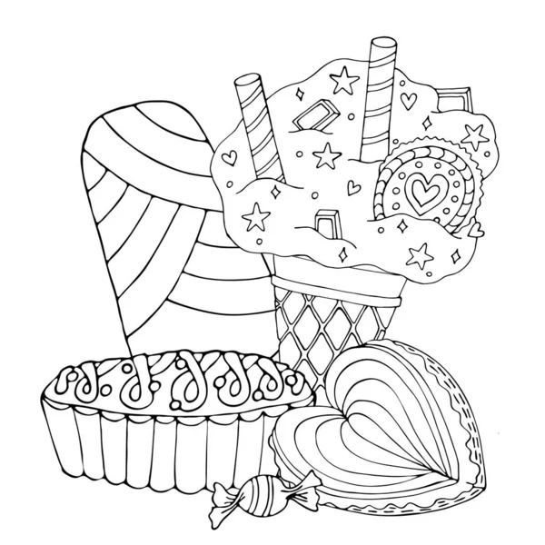Coloring page with cake, cupcake, candy, ice cream and other des Stock ...