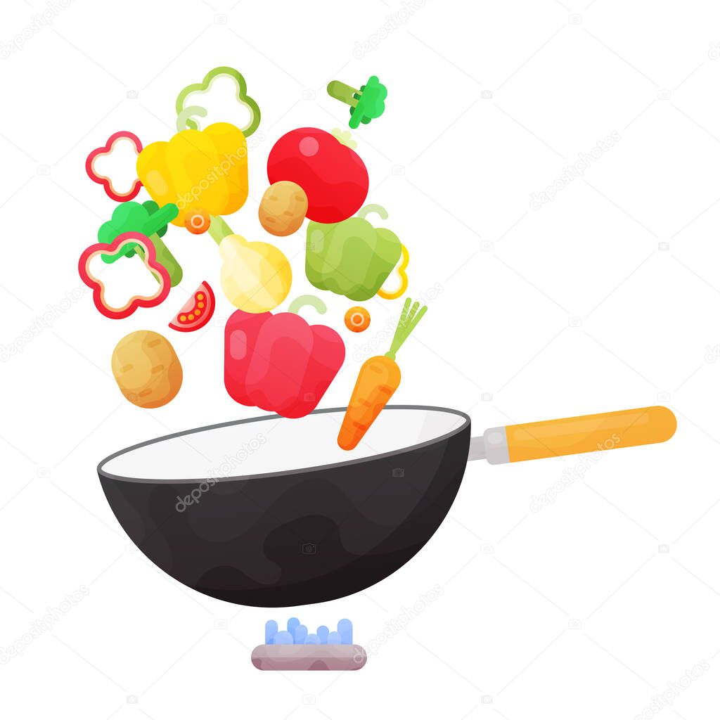 Revuelve y fríe. Proceso de cocción ilustración vectorial. Tirando ...