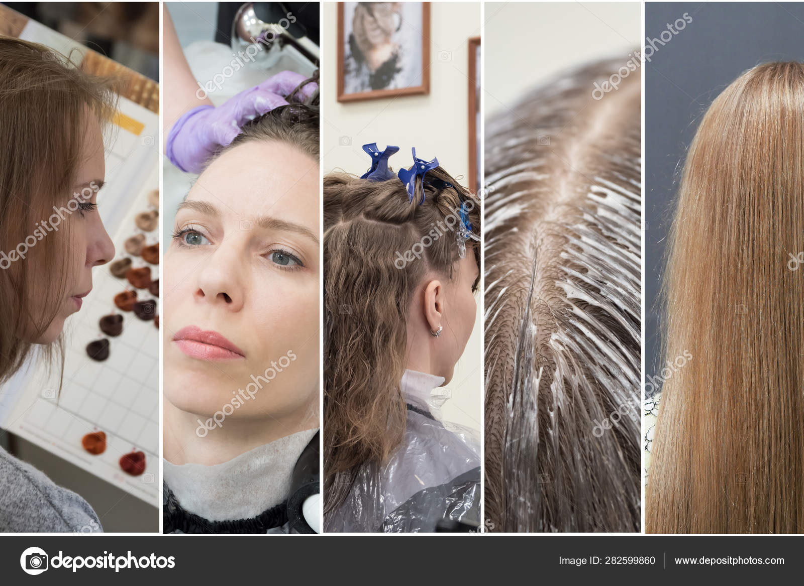 Collage in the form of vertical stripes showing phases of hair coloring ...