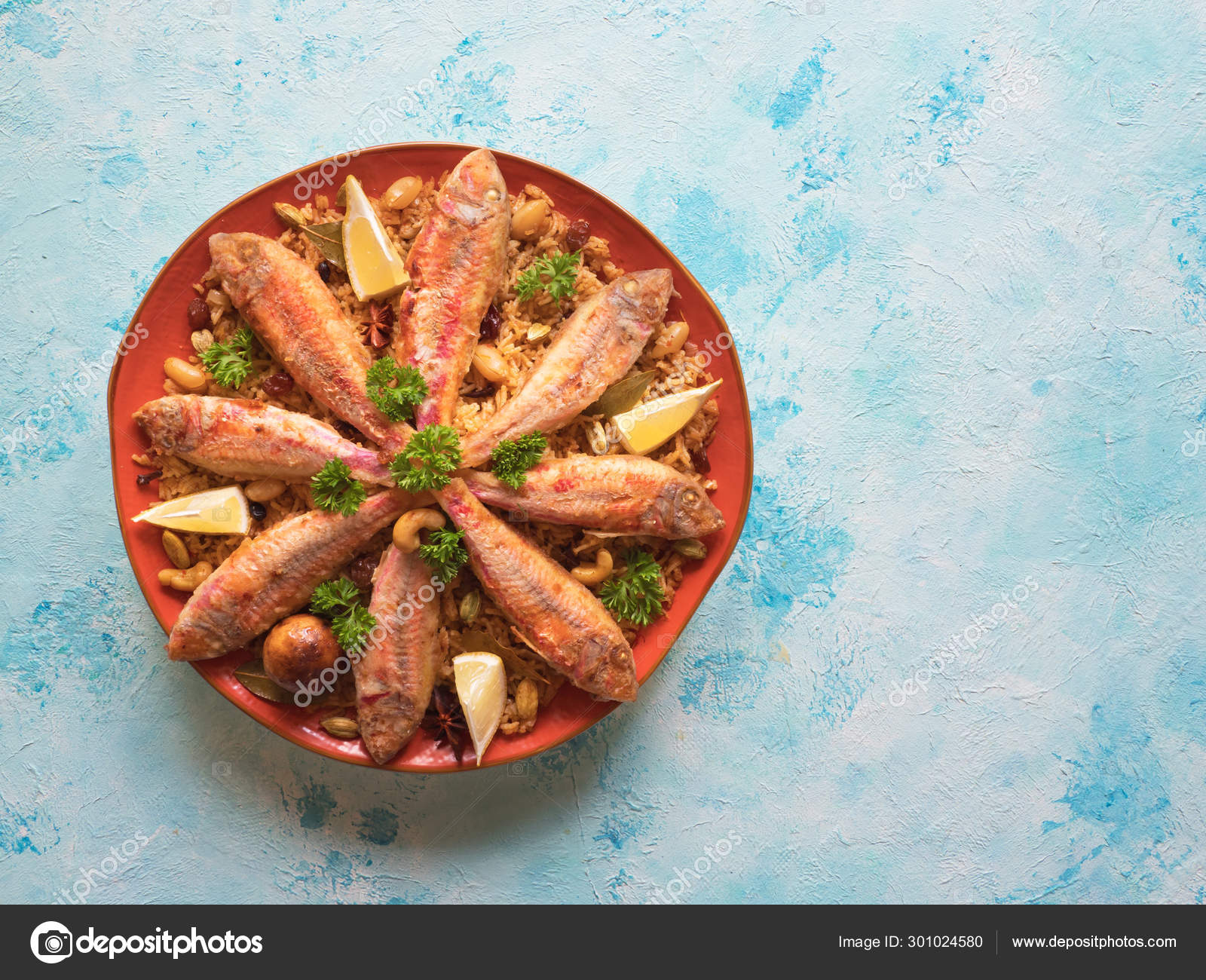 Arabian Fish Kabsa. Fish Biryani. Top view. Stock Photo by ...