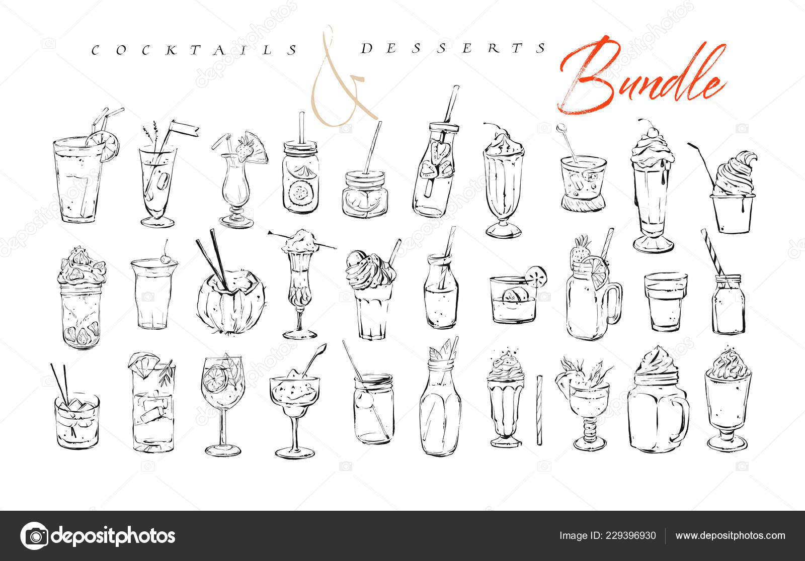 Hand drawn vector graphic textured artistic bar menu ink collection set ...