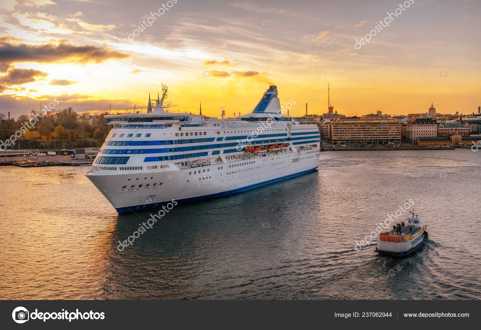 Passenger Ferry Tugboat Sail Helsinki City South Harbour Sunset Finland ...
