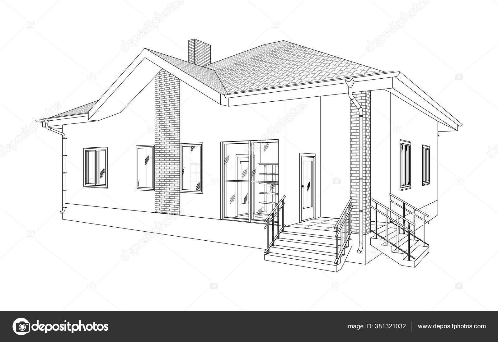 Building Perspective Drawing Suburban Townhouse Outlines Cottage White ...