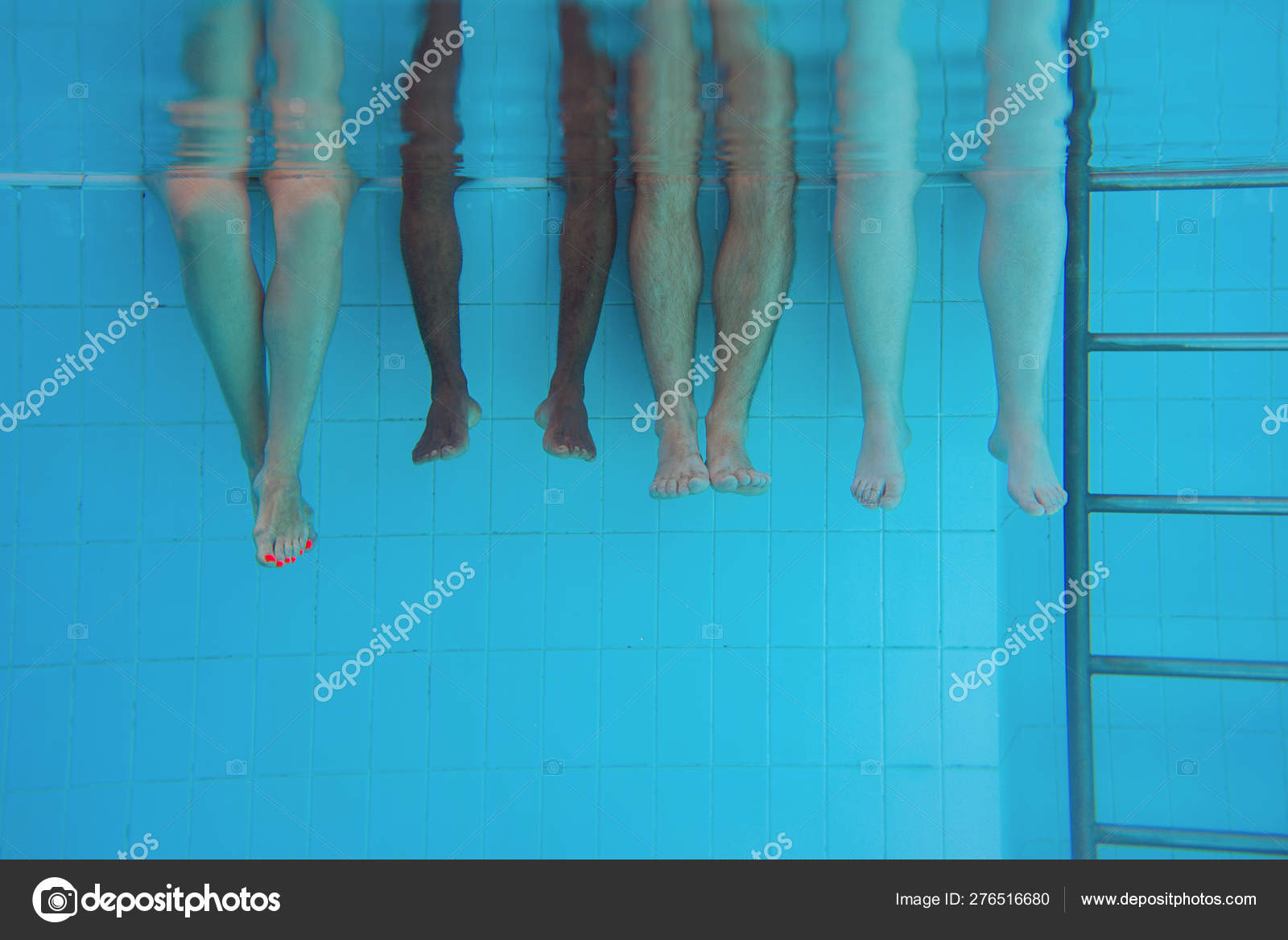 Four People Legs Underwater Swimming Pool Friends Party Summer Vacation ...
