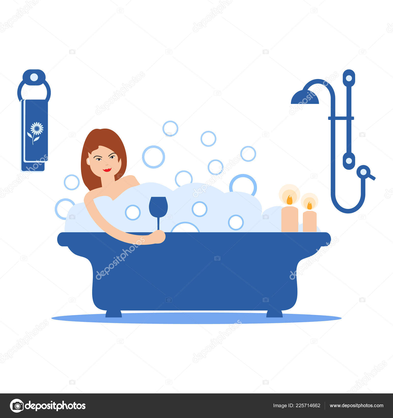 Vector Cartoon Style Illustration Woman Taking Bath Full Soap Foam