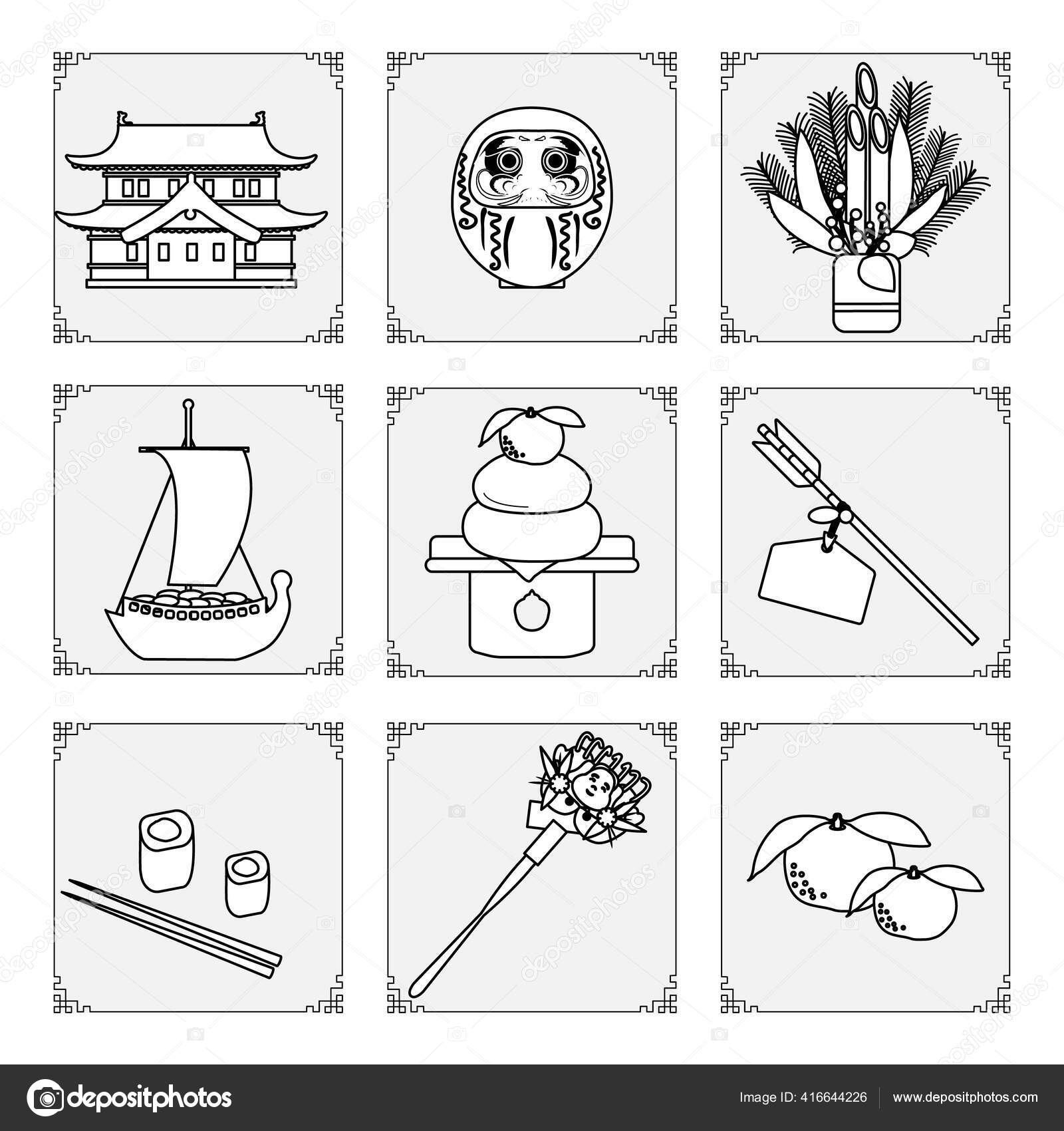 Símbolos Del Año Nuevo Japonés 2021 Castillo Daruma Barco Del Vector de ...