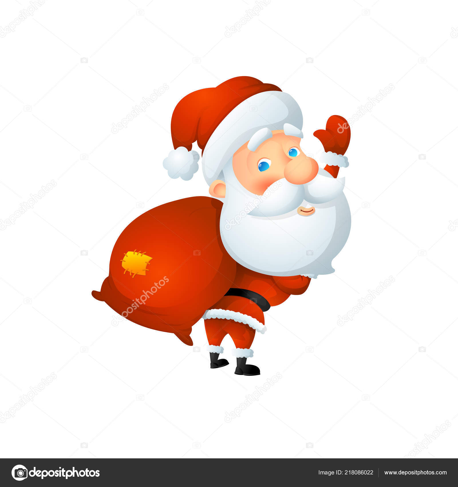 Cartoon cute Santa Claus waving with a bag of gifts behind his back ...