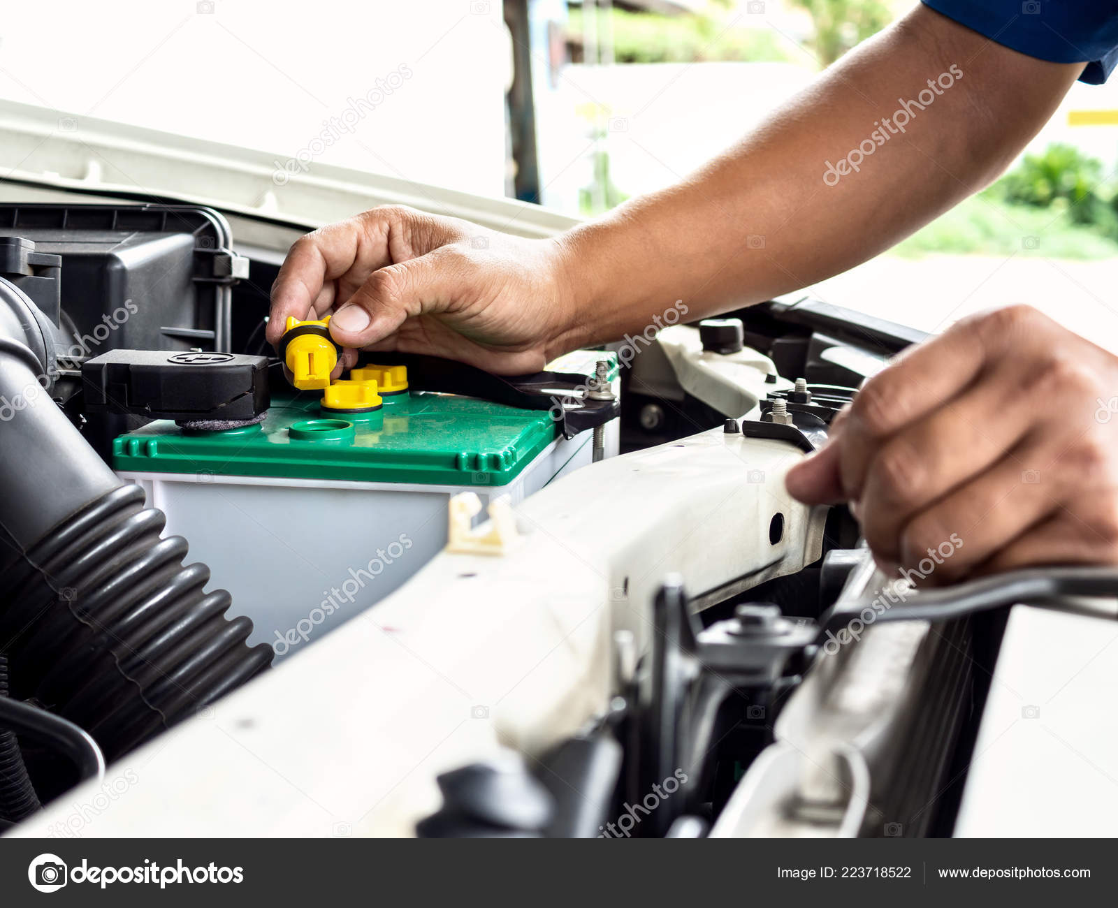Technician Hand Opening Car Battery Checking Repair Filling New ...