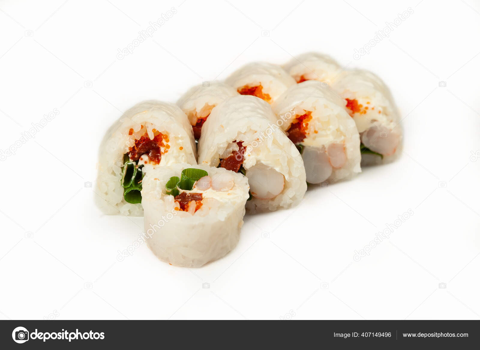 Sushi roll in rice paper with shrimp on a white plate, classic Japanese ...