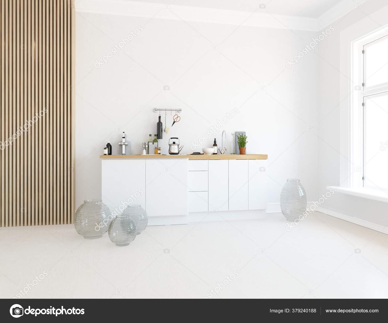 White Minimalist Room Interior Sofa Wooden Floor Decor Large Wall Stock ...