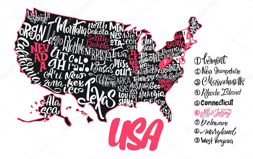 Silueta del mapa de USA con nombres escritos a mano de estados - Texas ...