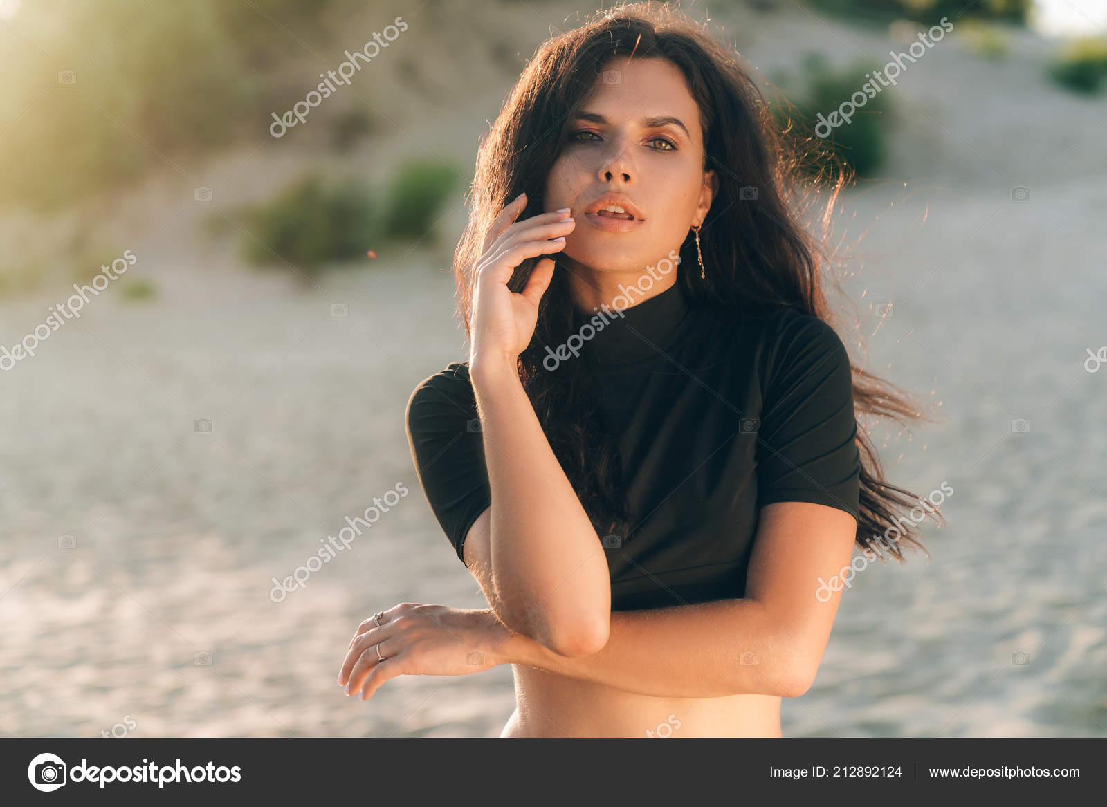 Portrait Of Sexy Sensual Girl Has Smooth Tanned Skin Posing On Beach